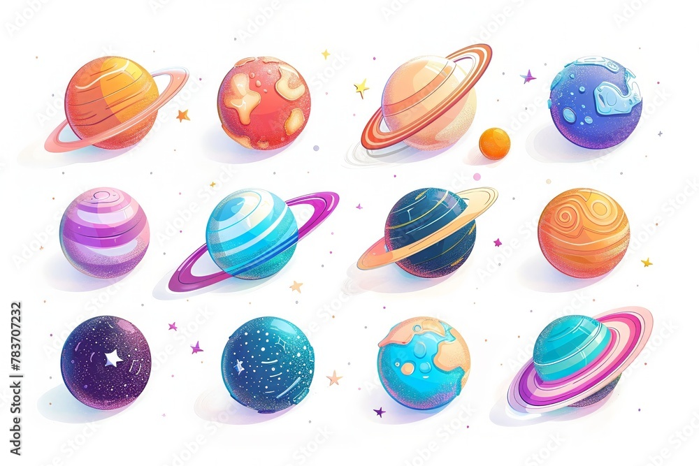 Cartoon cosmic set, planets in clay material, isometric view, 3D shiny ...
