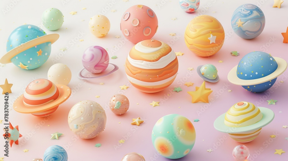 Cute cosmic cartoon, clay planets, isometric 3D render, shiny, pastel ...