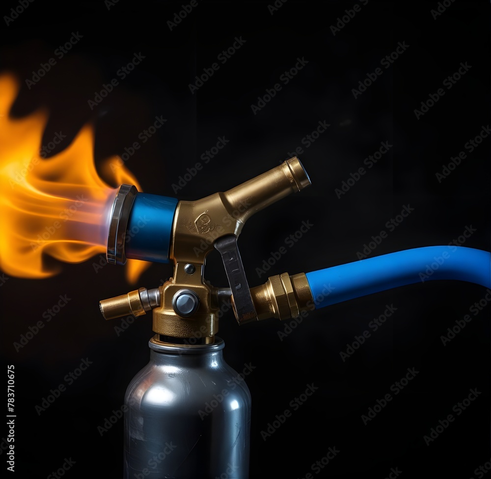 Flamethrower burner gas blow torch Ignition with blue fire flame at ...