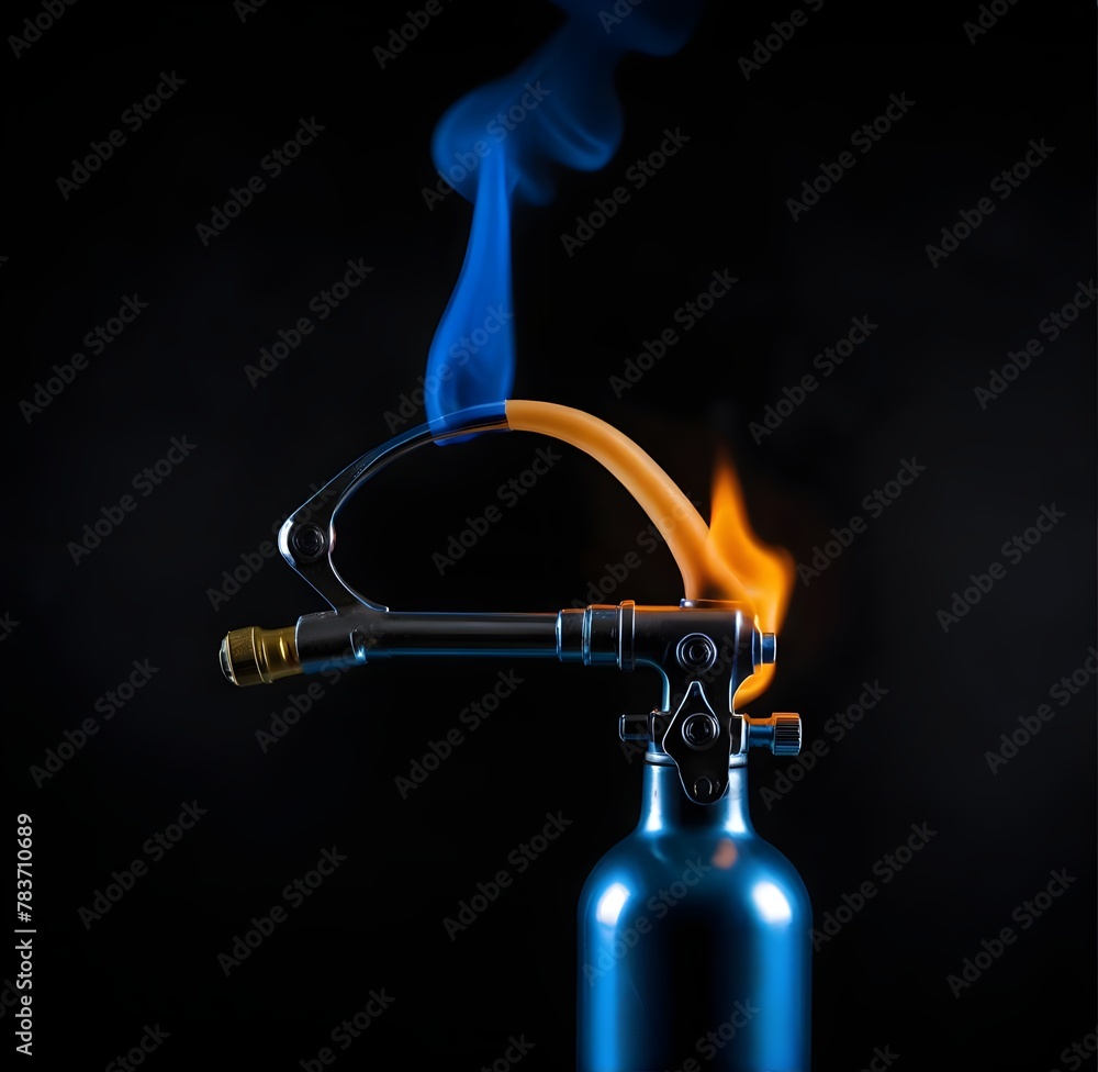 Flamethrower burner gas blow torch Ignition with blue fire flame at ...