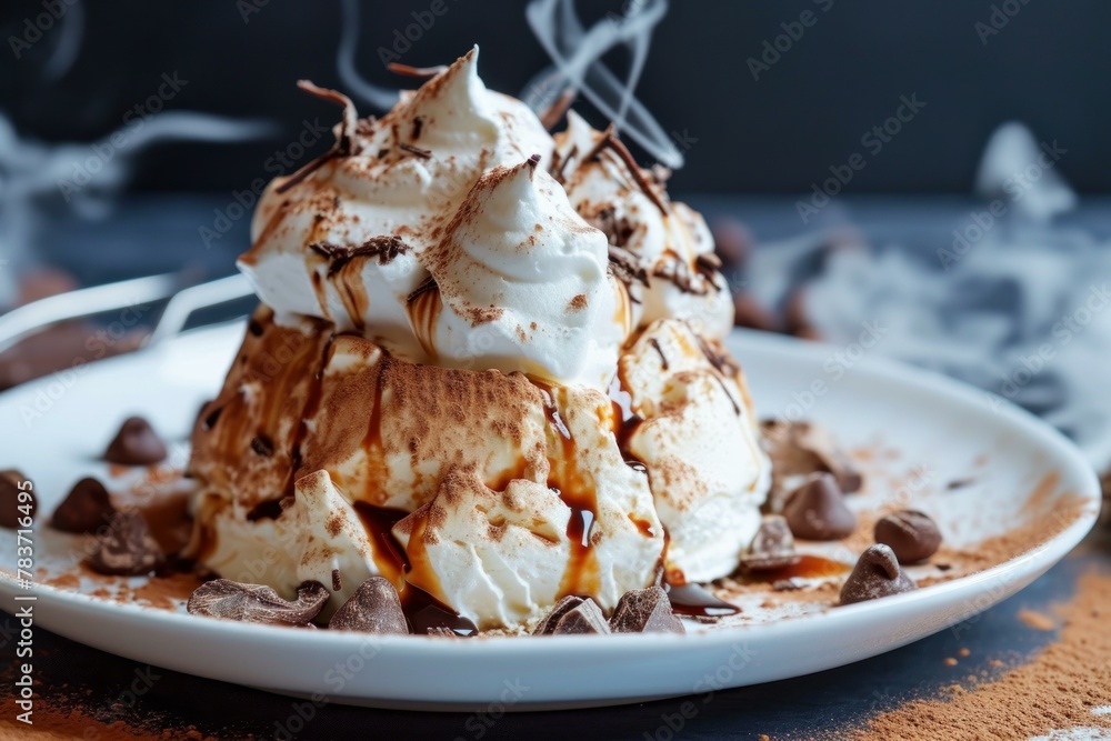 Rich Baked Alaska chocolate. Sponge cake dessert traditional in Alaska ...