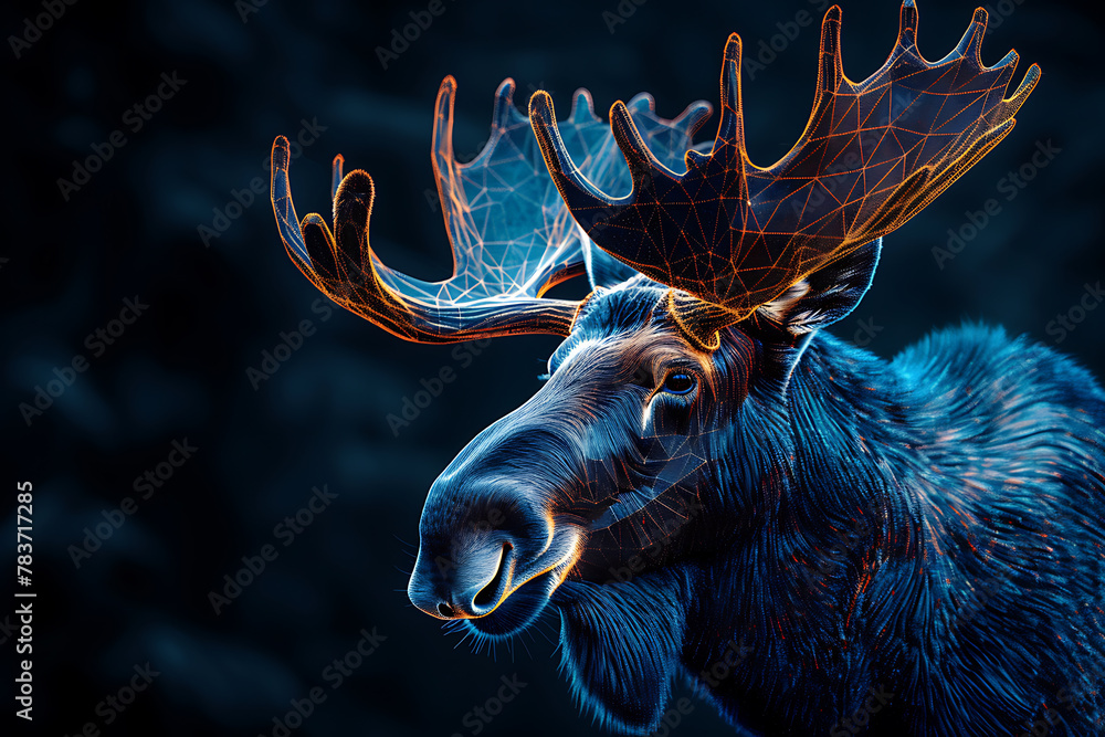 Intricate wireframe depiction of a moose on a dark blue background ...