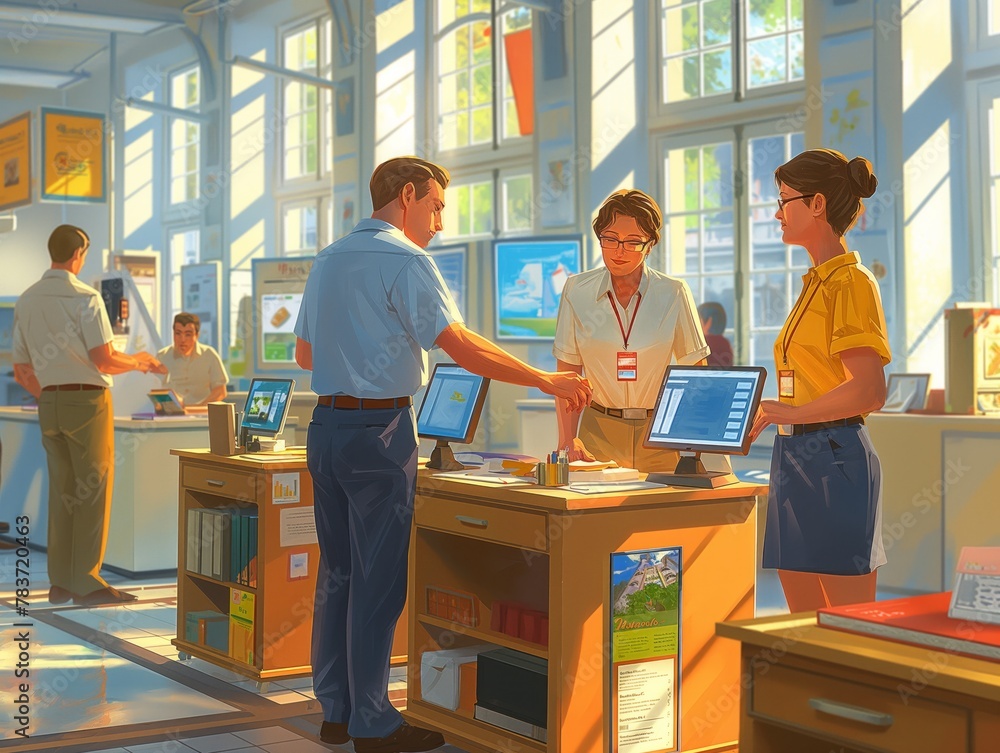A group of people are standing around a desk with a computer monitor ...