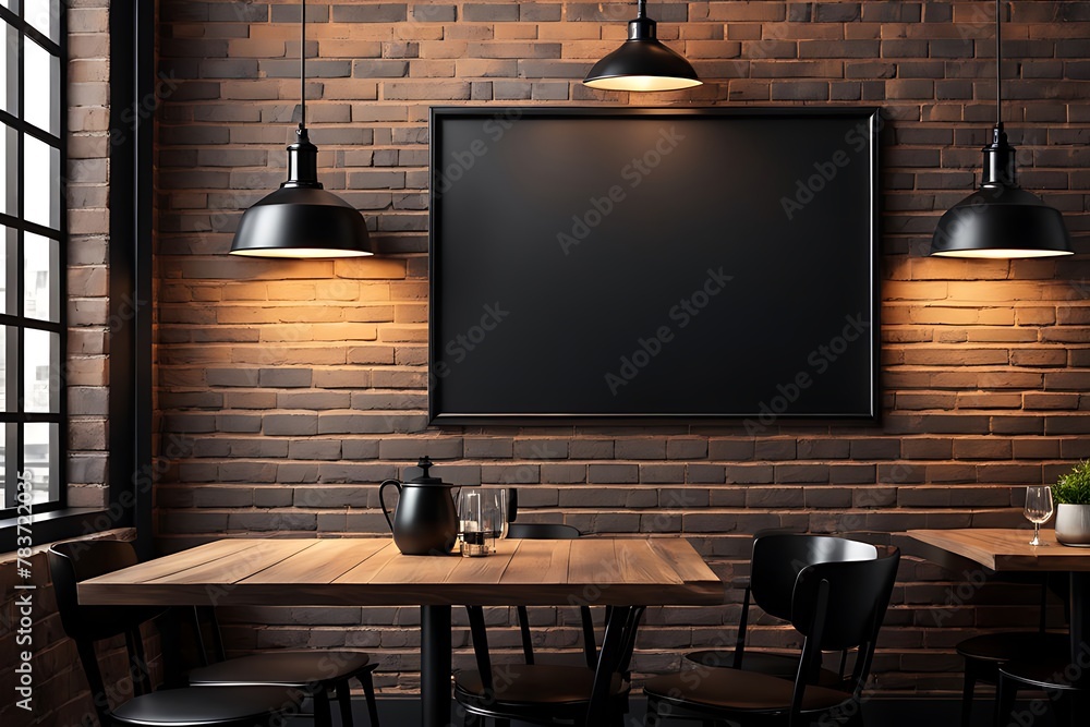 Front view blank black menu frame on a brick wall with lamp in loft ...