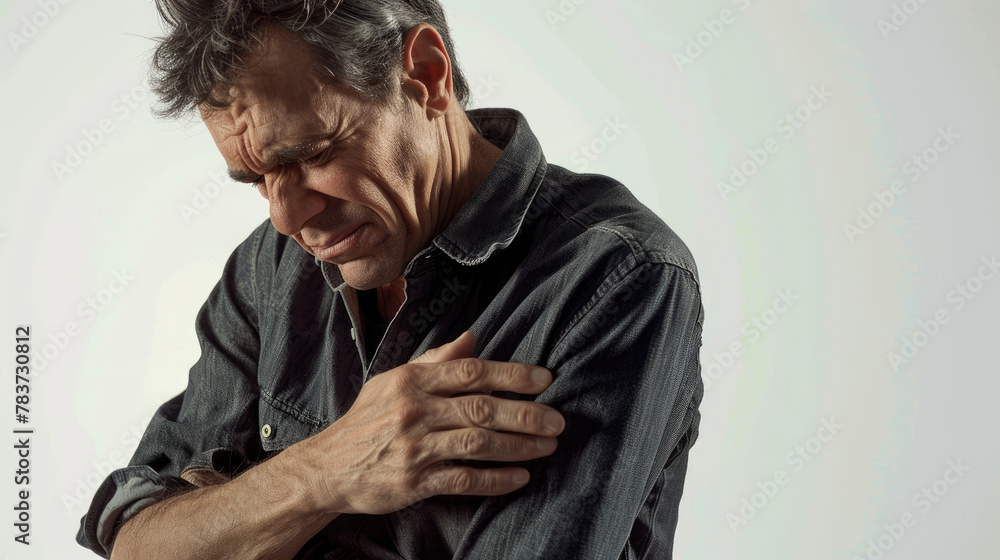 Sad Middle aged man in distress pain in his wrist due to arthritis pain ...