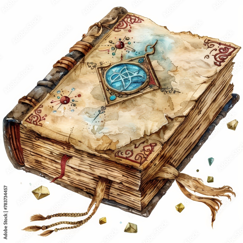 Ancient Spellbook with Gemstones and Celtic Knot Watercolor painting of ...