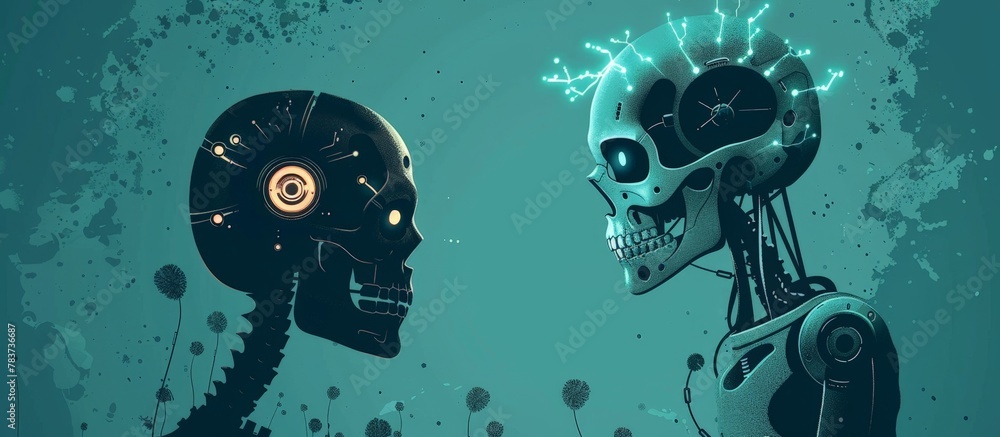 Robotic entities with glowing eye sockets and skull-shaped heads face a ...