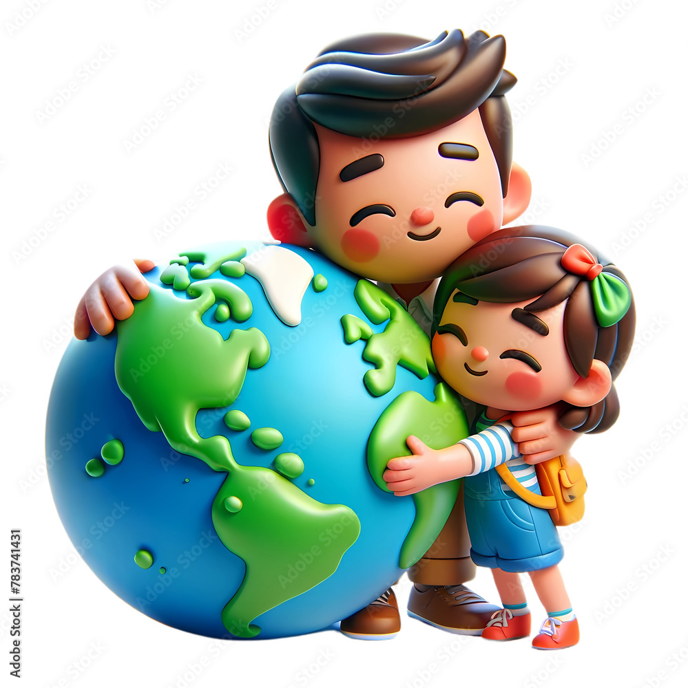 3D Cartoon father and daughter hugging the Earth concept of earth day ...