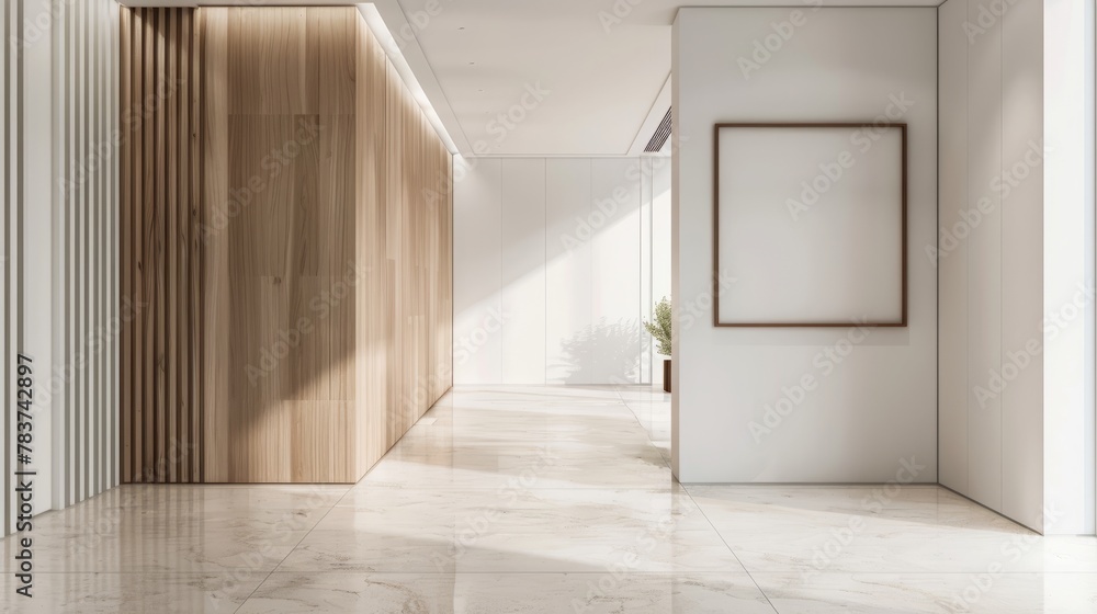 Empty wall in hallway mockup in corporate office interior. Vertical ...