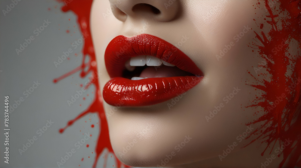 Red Lips background with red paint splash. Woman's open mouth with red ...