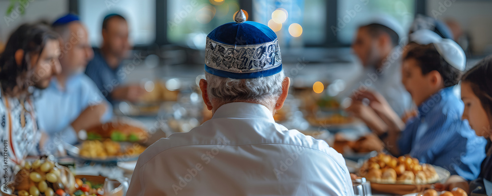 Family Passover dinner seder. Jewish man with kippah sitting at festive ...