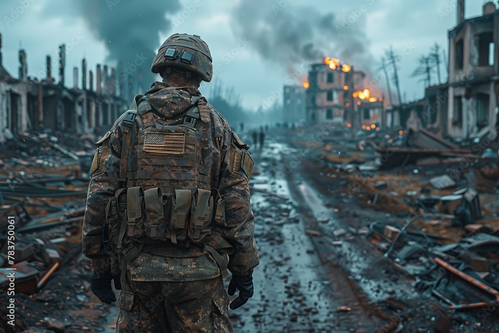 An armed soldier stands facing the devastation of a war-affected city ...