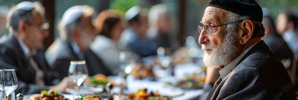 Family Passover dinner seder. Jewish man with kippah sitting at festive ...
