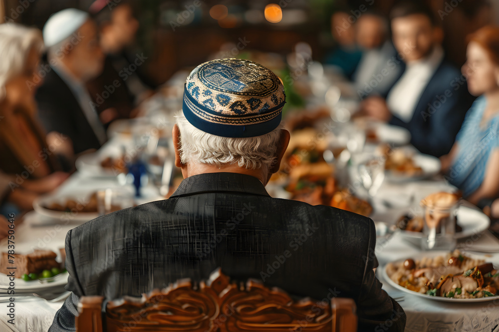 Family Passover dinner seder. Jewish man with kippah sitting at festive ...
