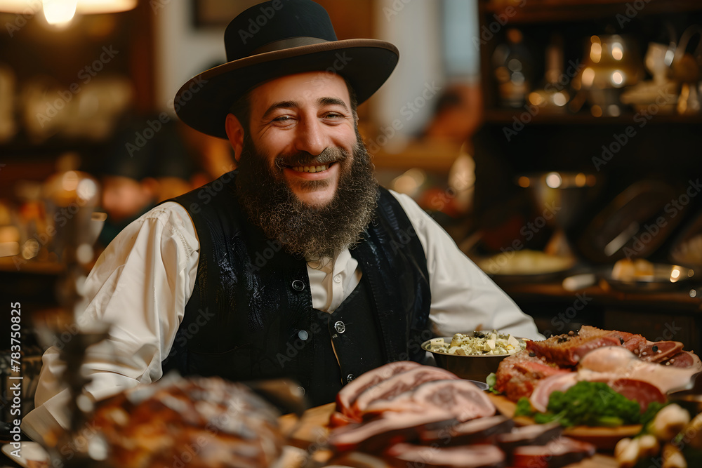 Family Passover dinner seder. Jewish man with kippah sitting at festive ...