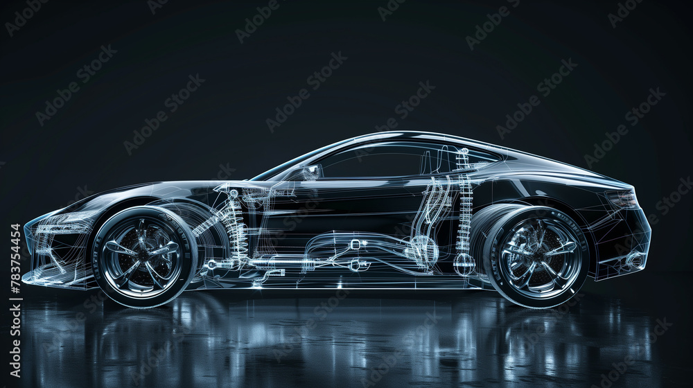 A futuristic car is shown in a black and blue color scheme. The car is ...