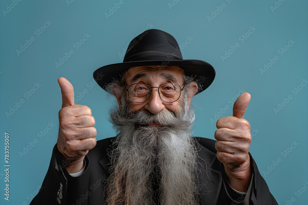 Portrait of senior orthodox jewish man wearing black hat on blue ...
