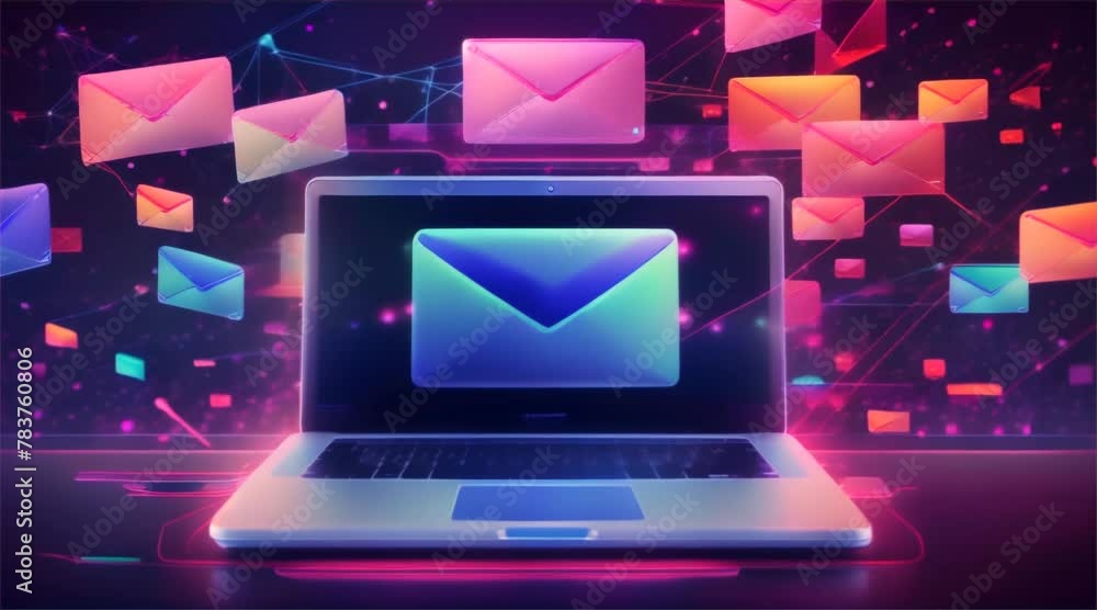 Laptop with email icon on screen and floating colorful envelopes on ...