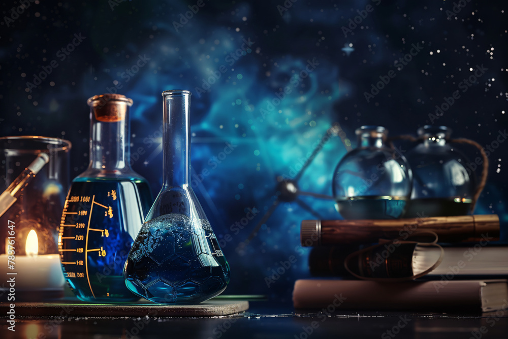 Alchemical Incantation: Glowing blue potions bubble in vintage lab ...