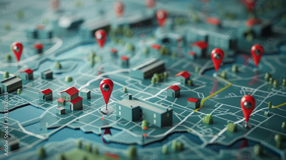 Emergency Response: A 3D vector illustration of a map with pins showing ...