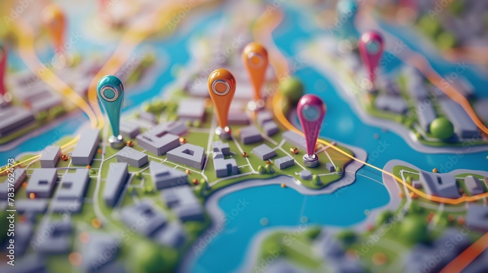 Event Planning: A 3D vector illustration of a map with pins indicating ...
