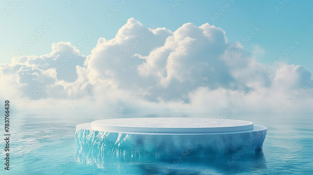 ice podium in the middle of an ocean, round flat ice block floating on ...