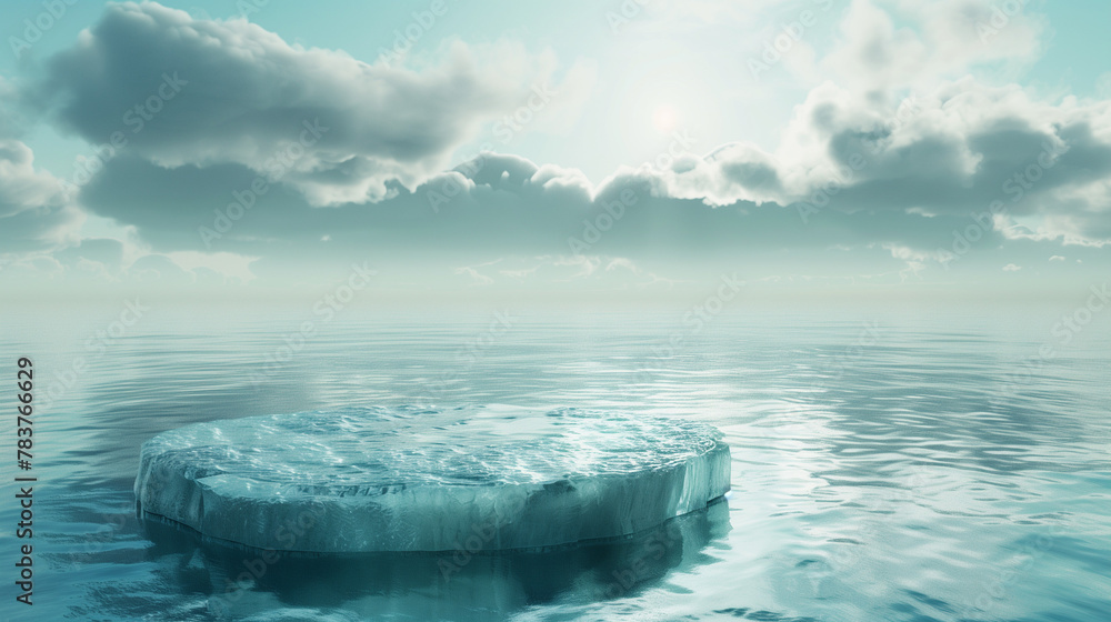 ice podium in the middle of an ocean, round flat ice block floating on ...
