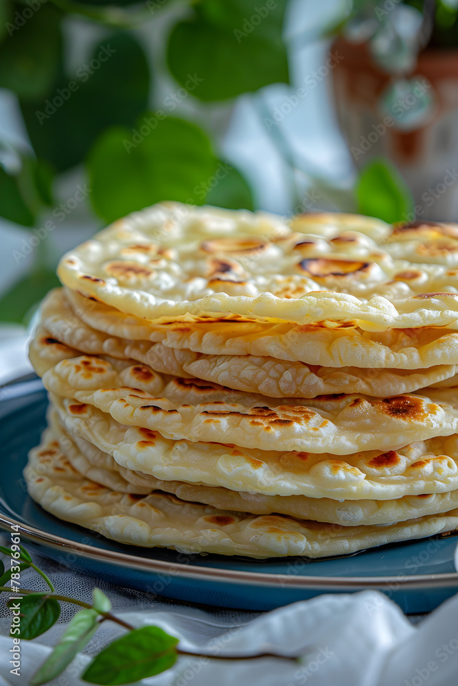 Jewish holiday bread matzah on kitchen table. Stask of matza or matzoh ...