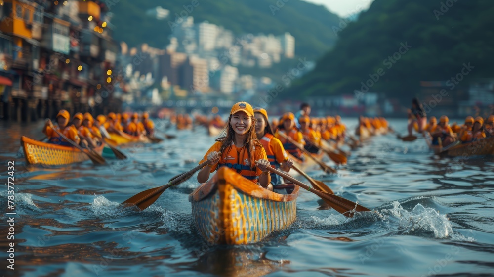 Dragon boat racing on Keelung River, featuring teams in orange uniforms ...