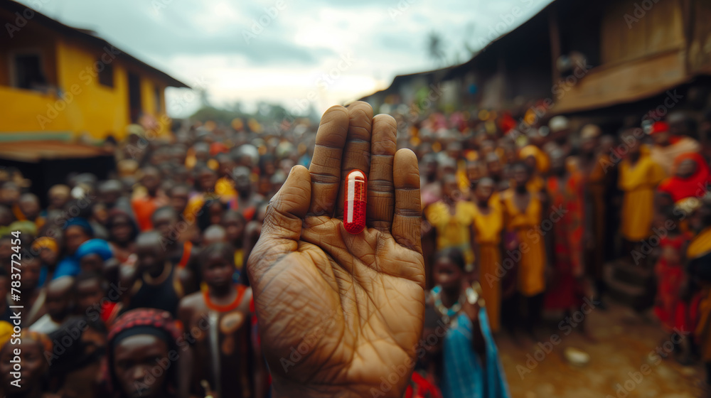 Opium for Africa people. Single hand holding capsule, foregrounded ...