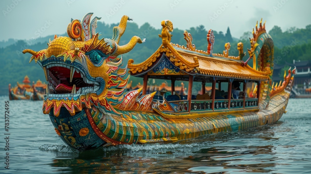 Vibrant dragon boat seen on a misty river, featuring intricate designs ...