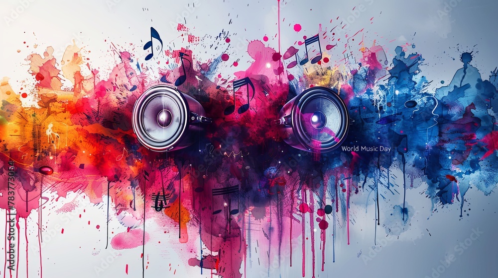 Dynamic abstract art featuring music symbols and speakers, symbolizing ...