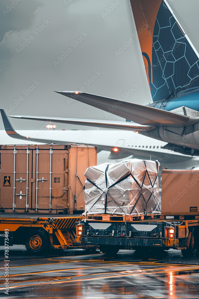 Air cargo logistic containers are loading to an airplane. Air transport ...