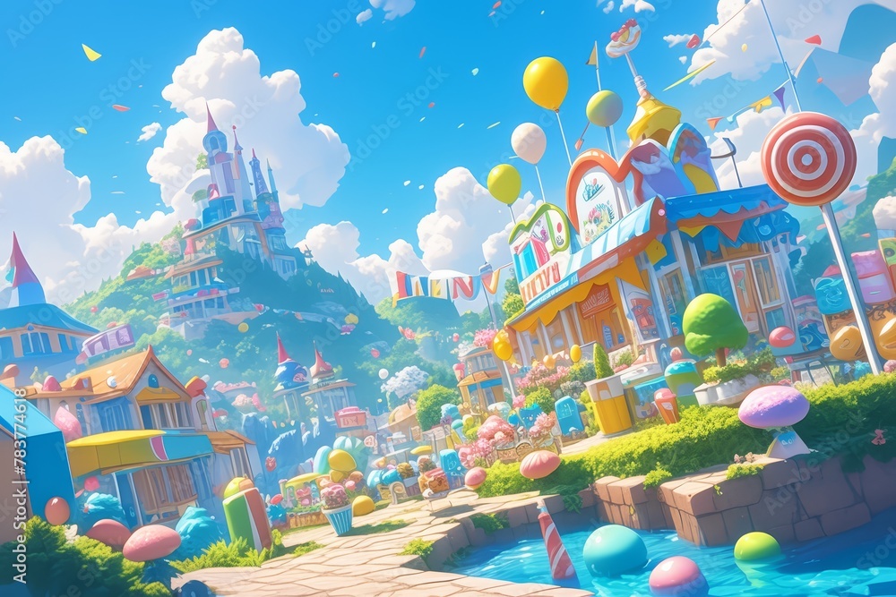 cartoon candy land with big lollipops, cupcakes and other sweets ...