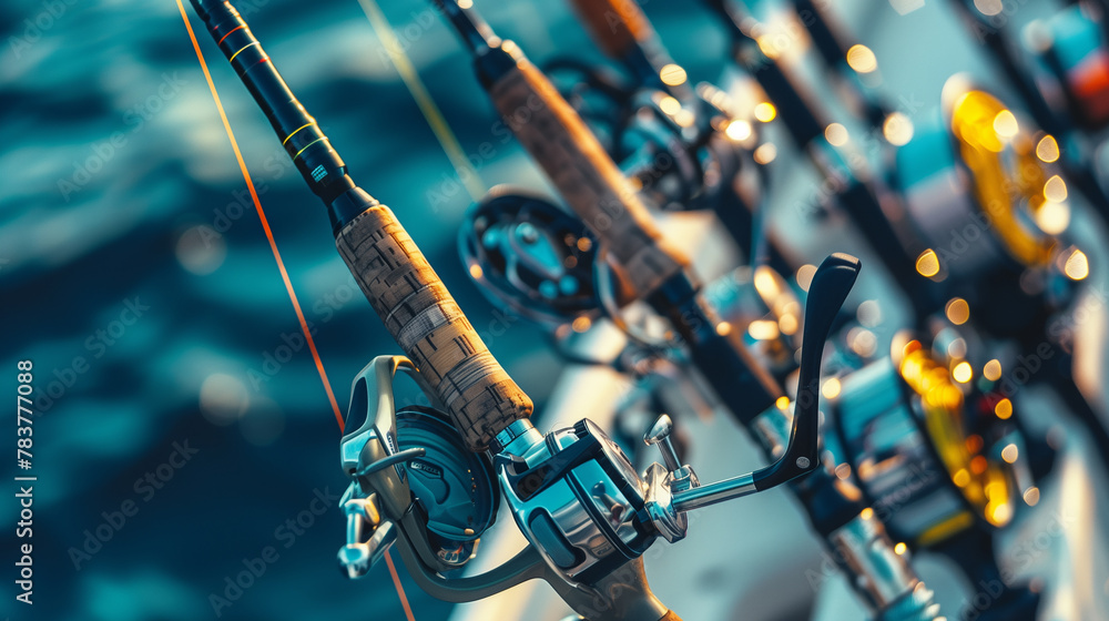 A group of fishing rods are lined up on a boat. The rods are of ...