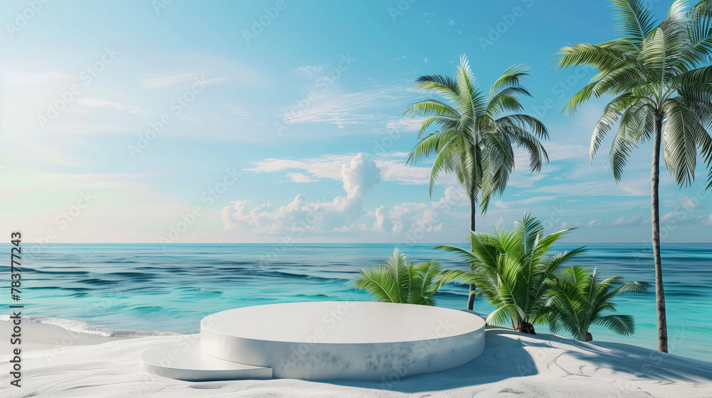 Abstract tropical beach background with round podium for product ...