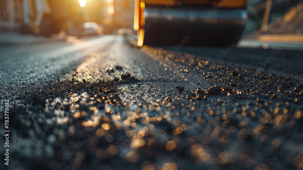 Asphalting road construction work with asphalt roller working on new ...