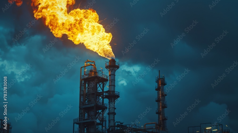 Gas flare pipe at an oil refinery, intense flame when burning excess ...