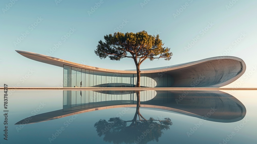 a solitary pine tree standing tall in the center of a sweeping ...