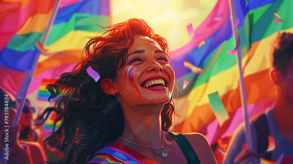 LGBT Pride Month, Joyful woman with rainbow face paint in a crowd ...
