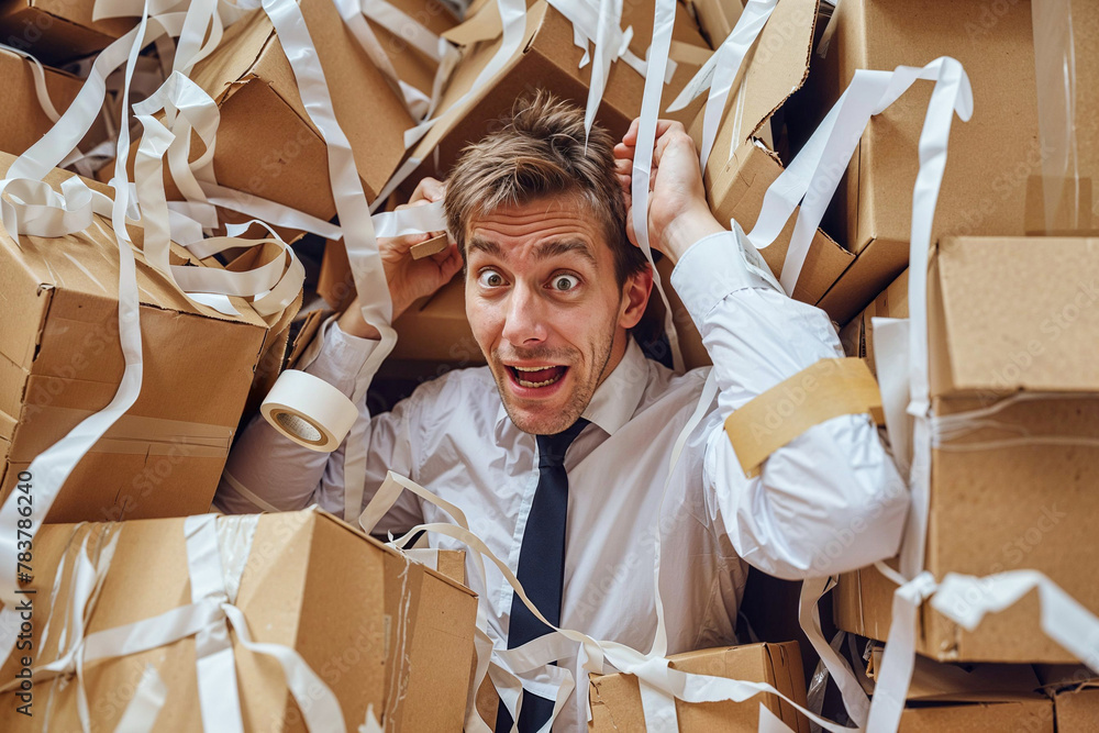 Aggravated man entangled in shipping tape and cardboard packages, mail ...