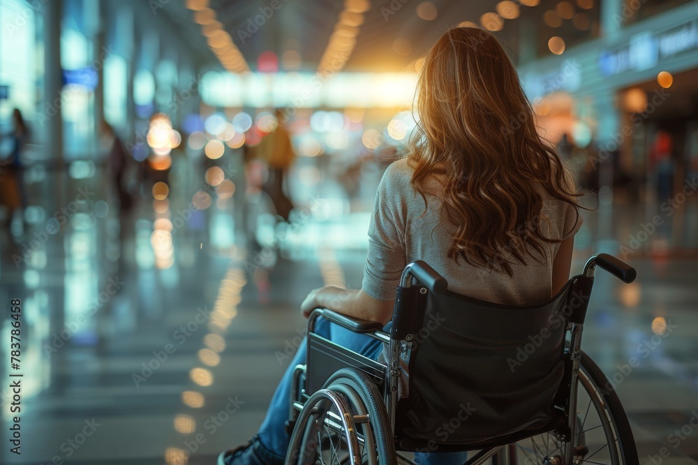 Rear view of a woman in a wheelchair observing airport crowds and ...