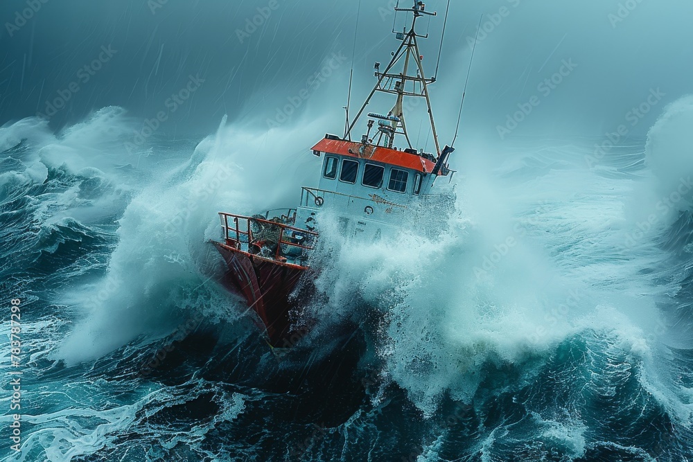 A vivid portrayal of a boat caught in a raging sea with dark, stormy ...