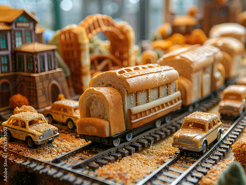 A display of various breads shaped like cars and a school bus, with ...