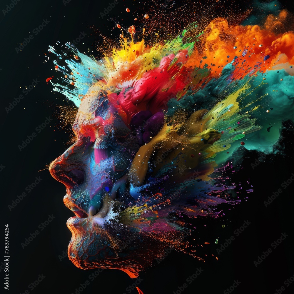 3D clean depiction of a mind in creative overdrive colors bursting from ...