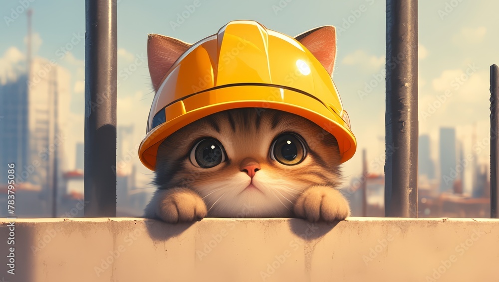 Cute kitten wearing a construction worker outfit with a hard hat and ...