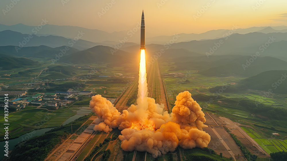 Missile launch from a rural landscape, with mountains in the background ...