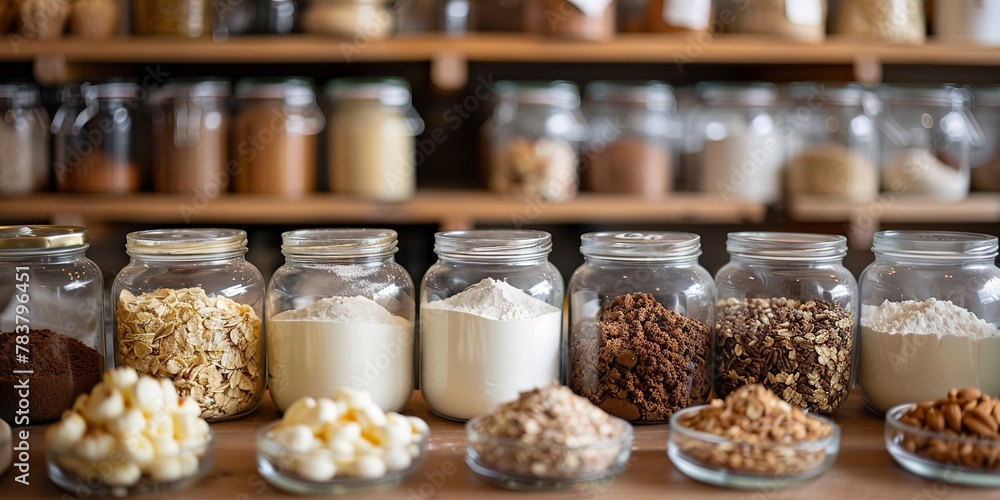 Baking ingredients in labeled containers, pantry shelf, orderly, close ...