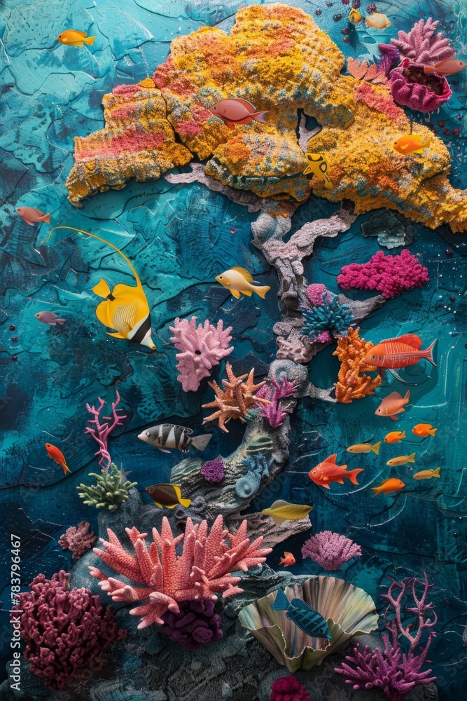 Realistic pop art rendition of a vibrant coral reef teeming with fish ...