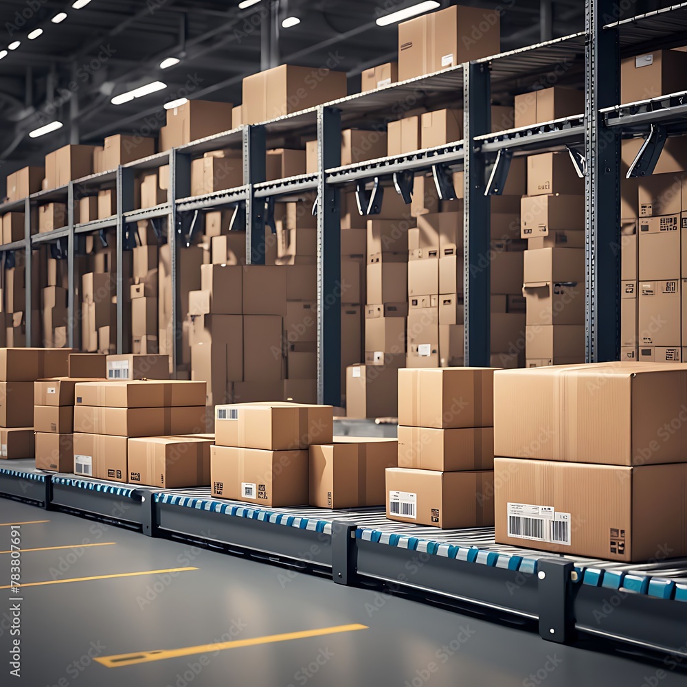 Conveyor belt in a distribution warehouse with a row of cardboard box ...